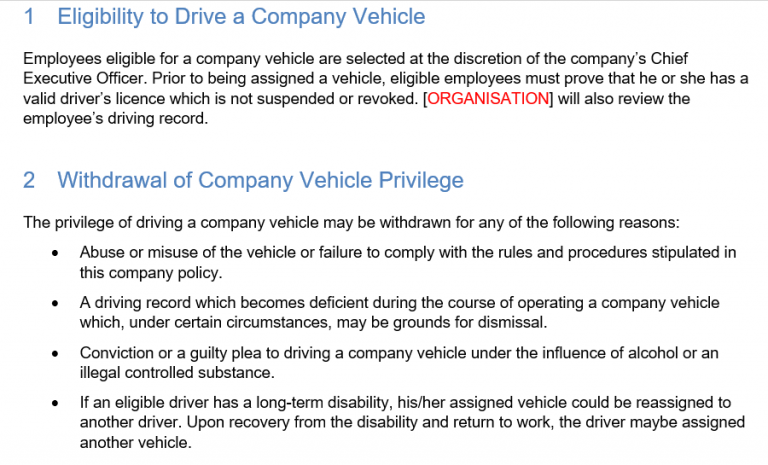Policy and Procedure for Company Vehicles – GRCReady