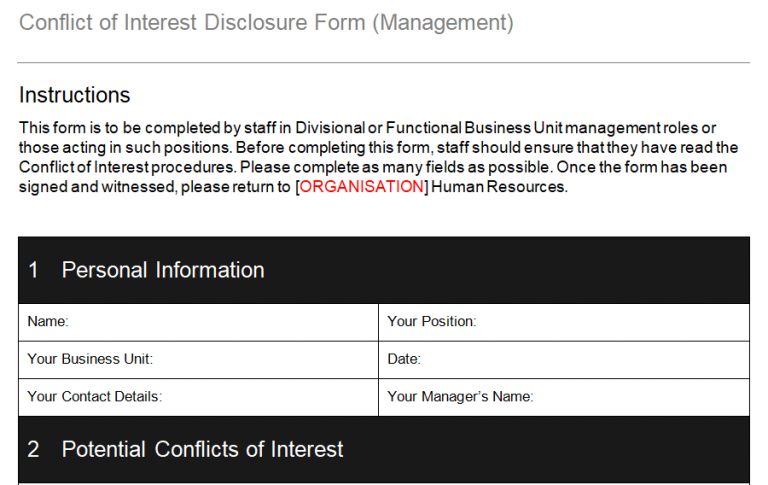 Form of Conflict of Interest Declaration (Management) – GRCReady