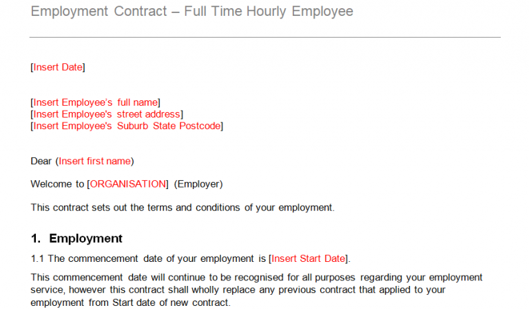 Employment Contract – Full Time Hourly Employee – GRCReady