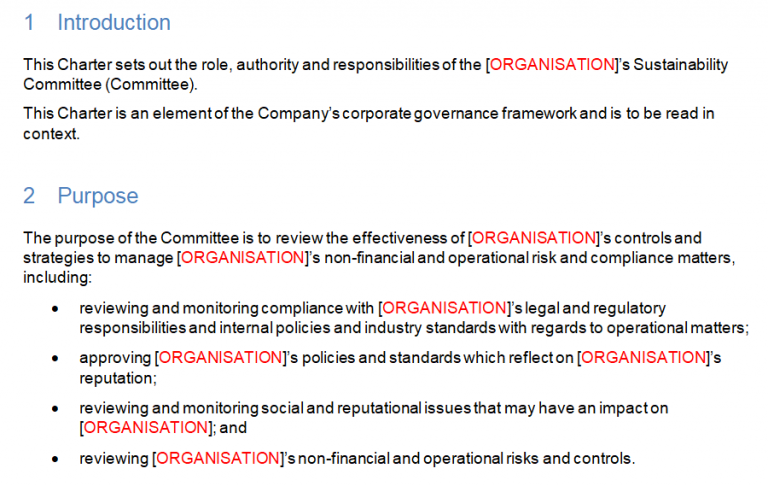 Charter for Sustainability Committee – GRCReady
