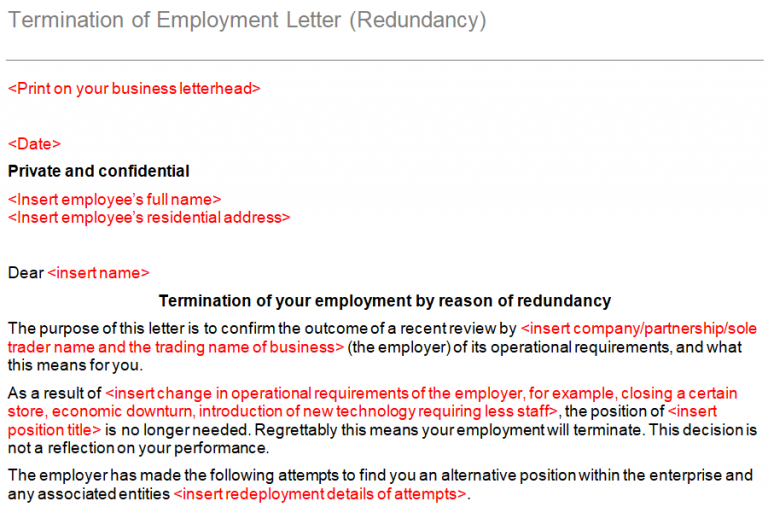 Letter for Termination of Employment (Redundancy) – GRCReady