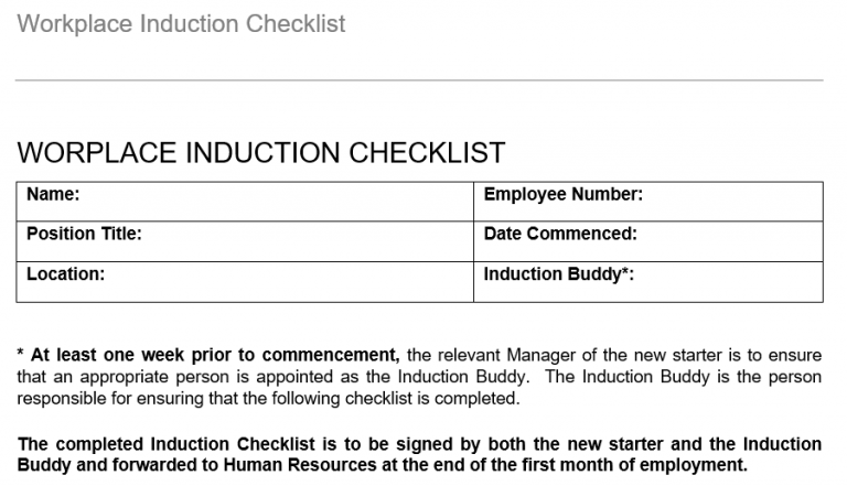 Checklist for Workplace Induction – GRCReady