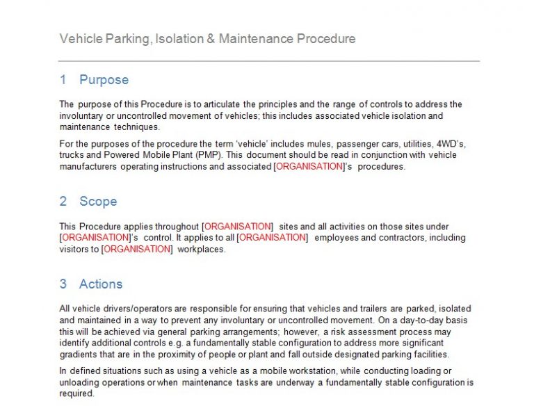 Procedure for Vehicle Parking, Isolation and Maintenance – GRCReady