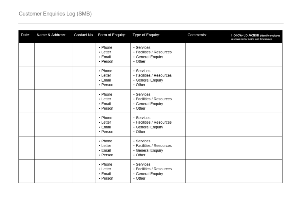 Log for Customer Enquiries (SMB) – GRCReady