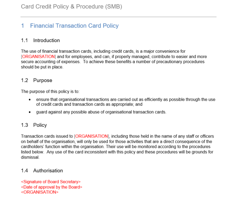 Policy and Procedure for Credit Cards (SMB) – GRCReady
